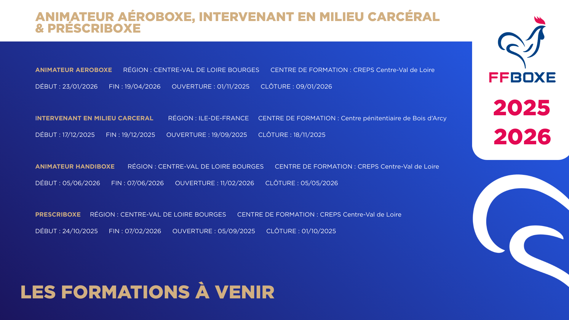 Calendrier des formations 2025-2026 - Fédération Française de Boxe